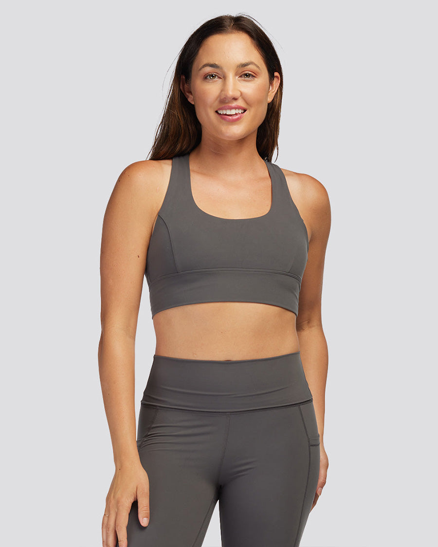 Charcoal Criss Cross Sports Bra | SoftLuxe Comfort - Stelle