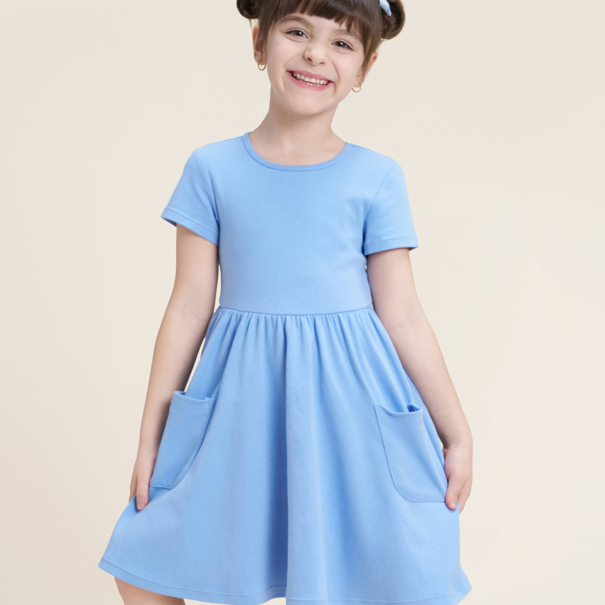 Girls Short Sleeve A-line Dress in Cornflower Blue | Stelle
